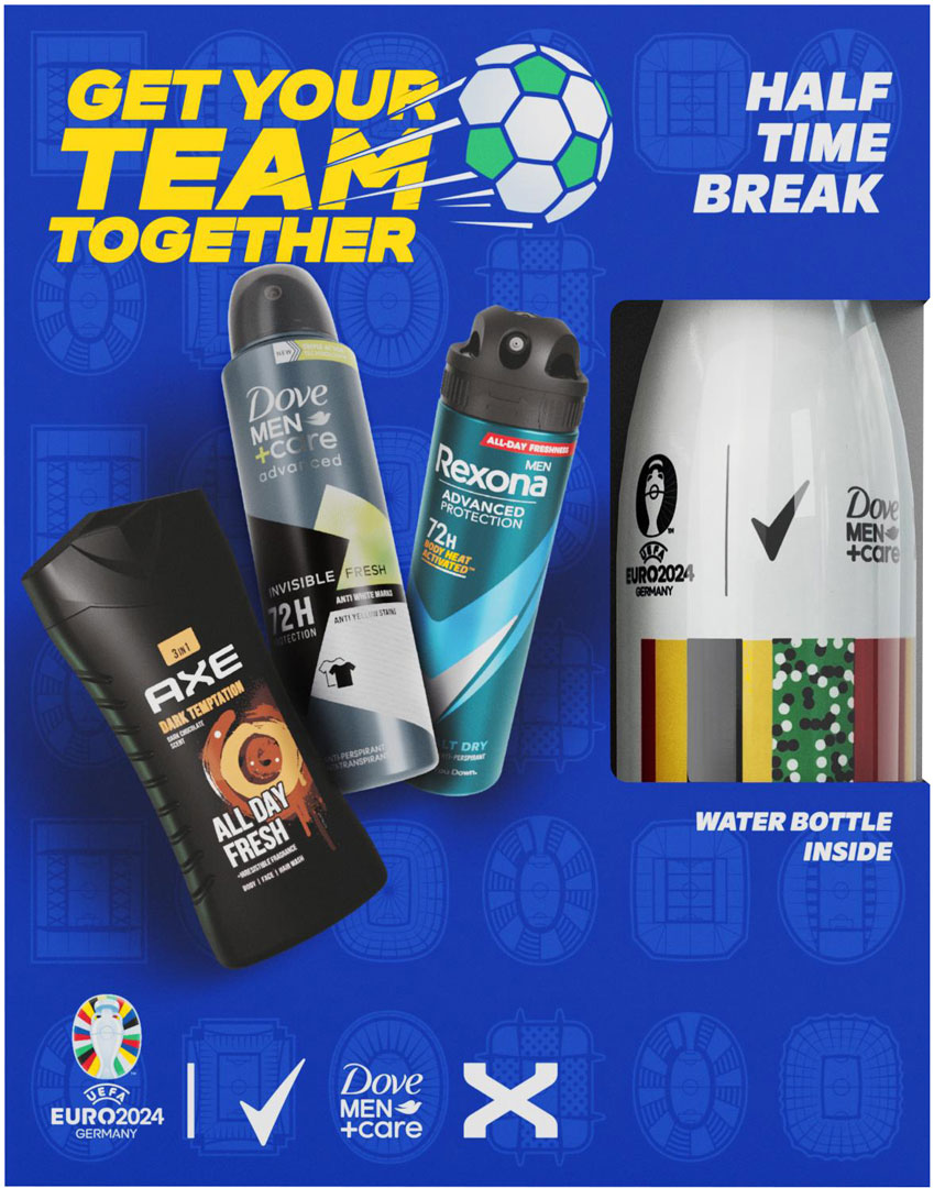 EURO 2024 Rexona, Axe, Dove Men+Care balíček pre mužov s fľaškou | Teta ...